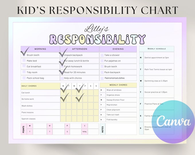 Editable Responsibility Chore Chart for Kids | Printable | Kids Daily ...