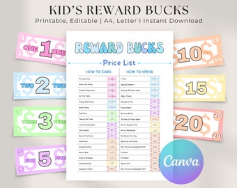 Editable Kids Reward Bucks and Chart - Printable - Reward Bucks - Chore ...