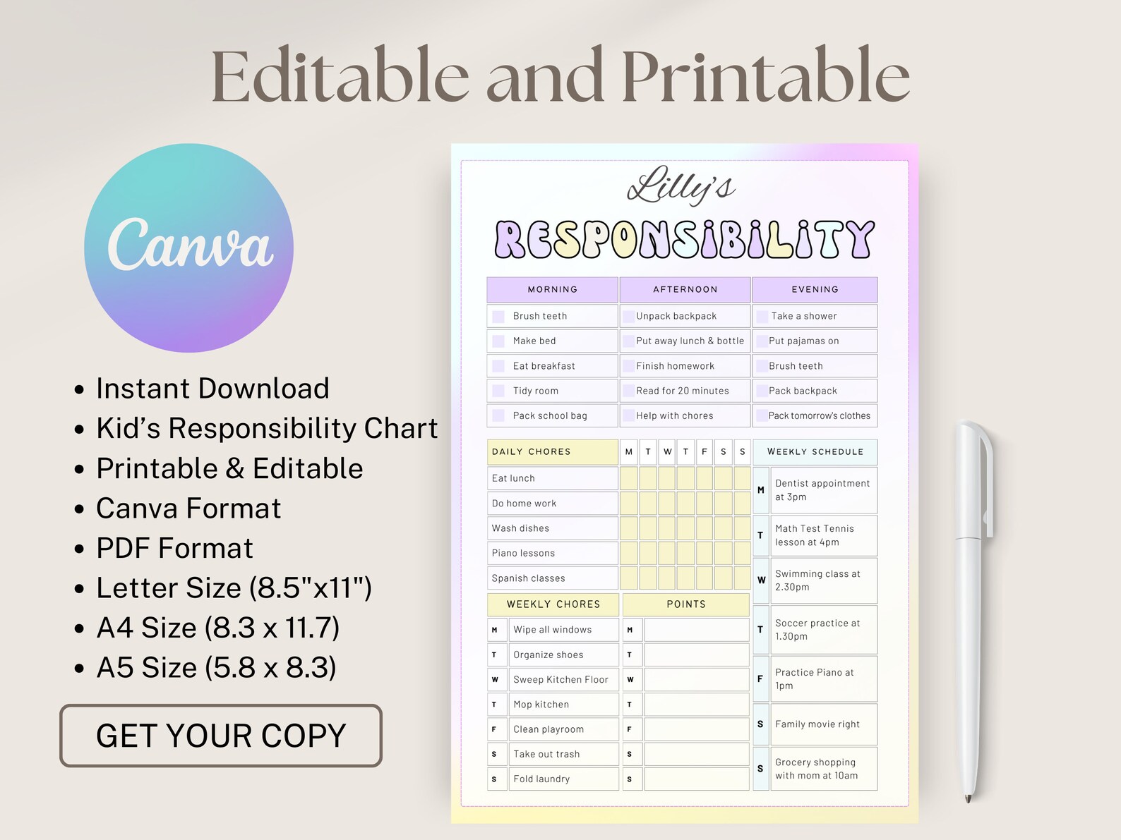 Editable Responsibility Chore Chart for Kids | Kids Daily Weekly ...