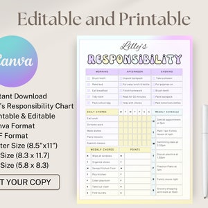 Editable Responsibility Chore Chart for Kids | Kids Daily Weekly ...