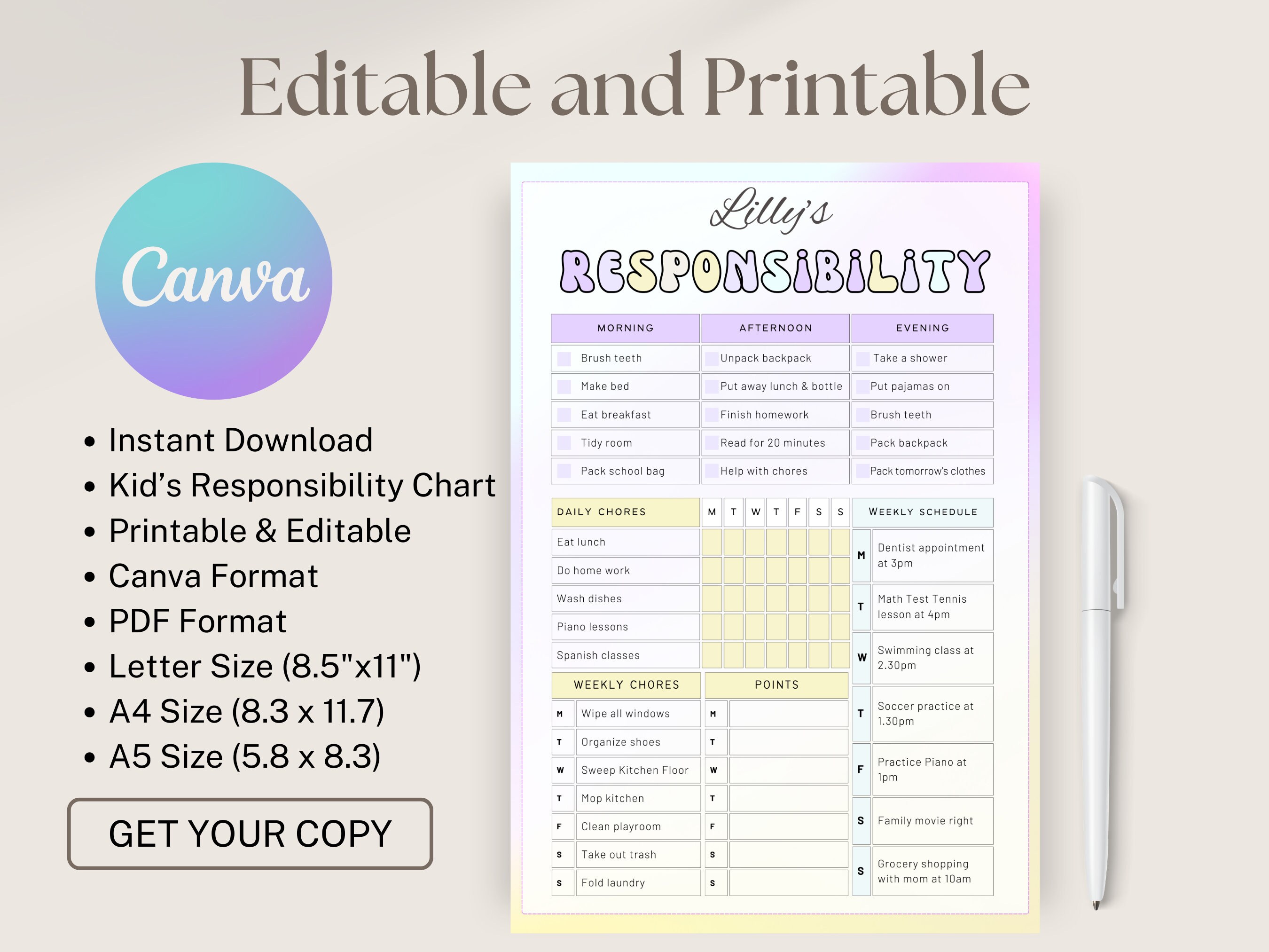 Editable Responsibility Chore Chart for Kids | Kids Daily Weekly ...