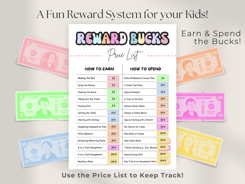 Kids Play Money Editable Kids Reward Bucks Chore Bucks Good Behavior ...