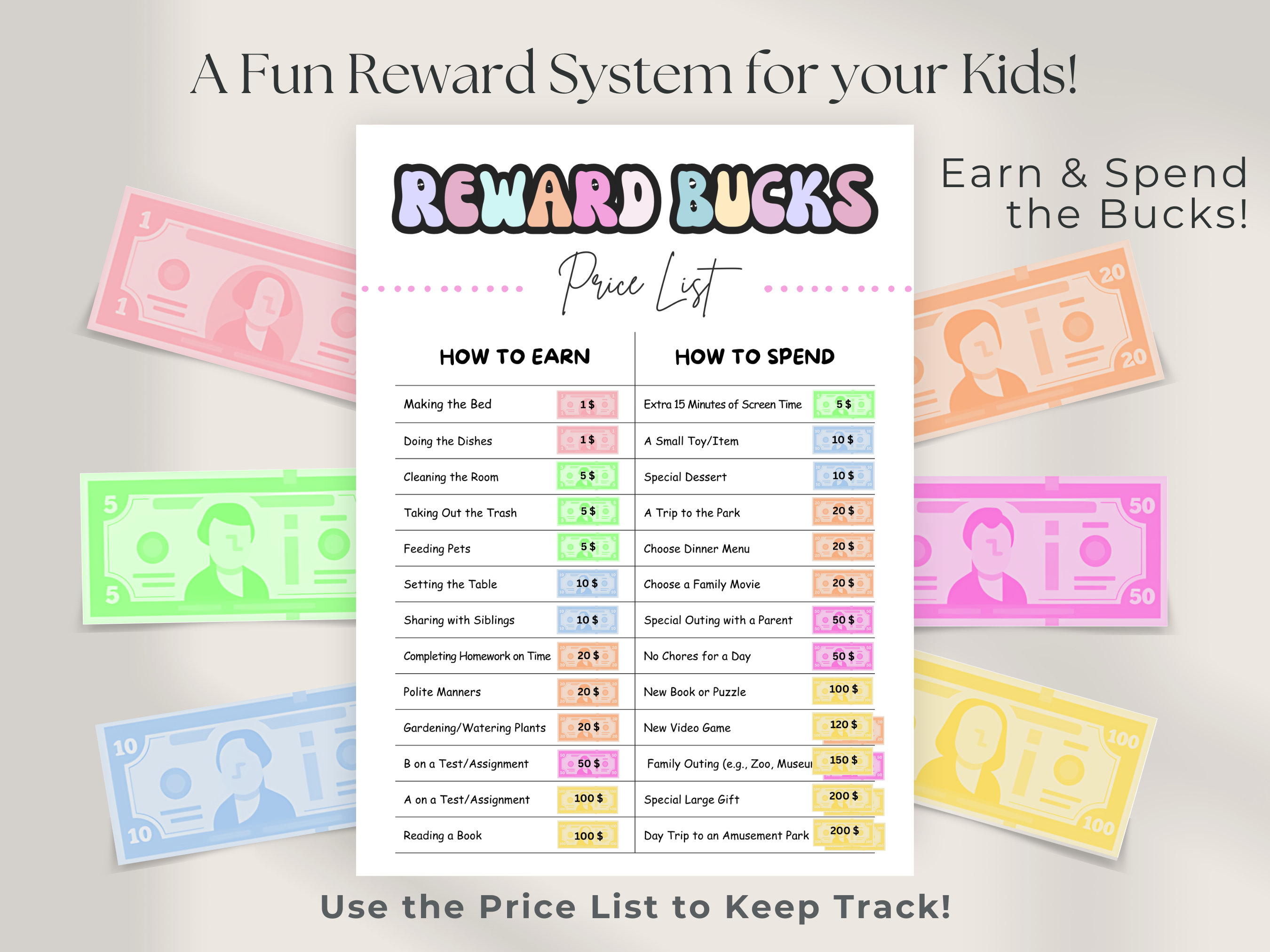 Kids Play Money Editable Kids Reward Bucks Chore Bucks Good Behavior ...