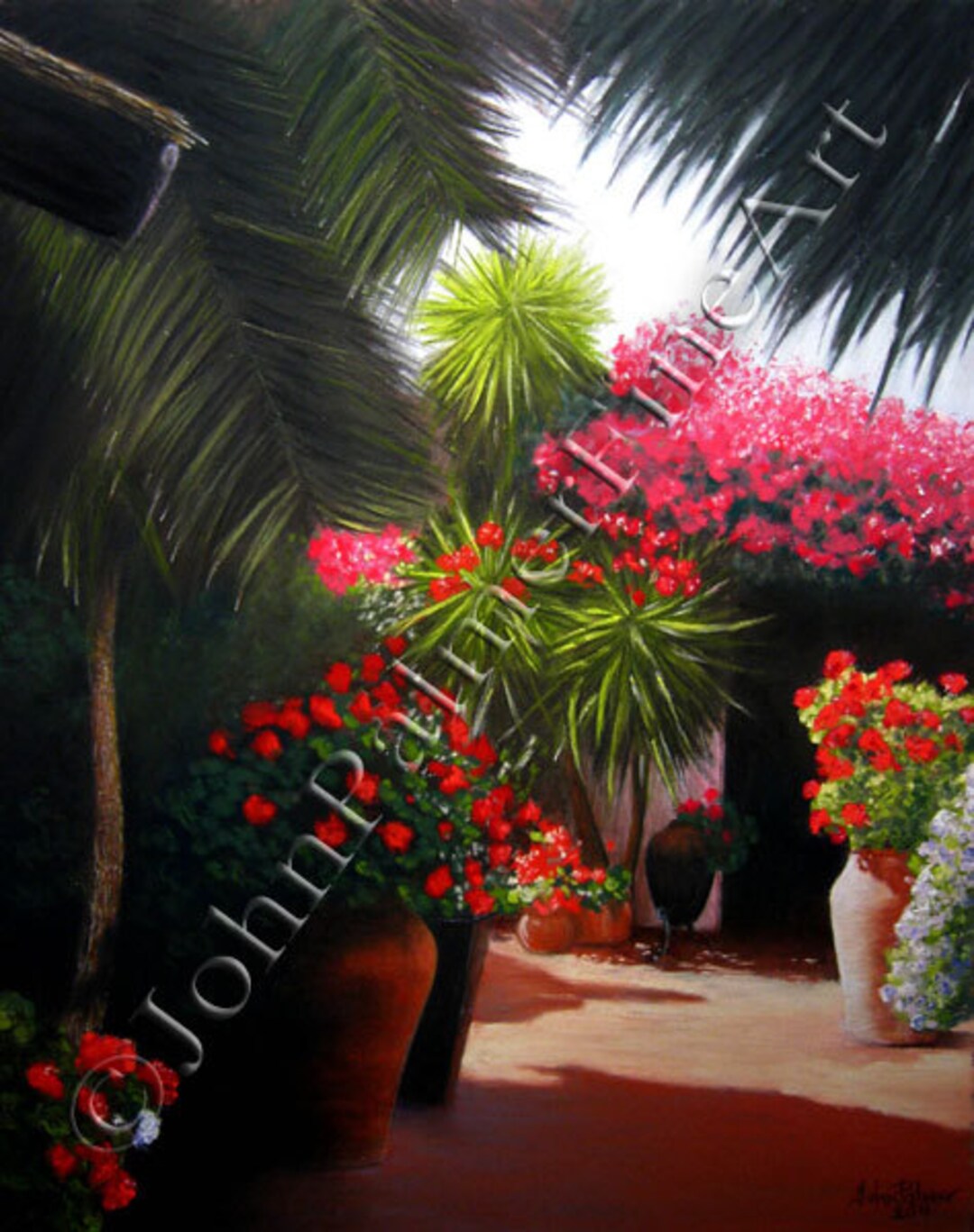 Spanish Garden Picture, Cottagecore, Colorful Garden Painting ...