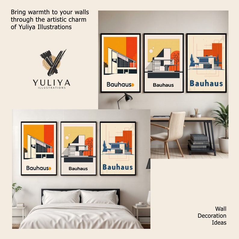 Three Piece Wall Art Bauhaus Design Poster: Modernist Building Abstract Artwork, Bauhaus Style ...
