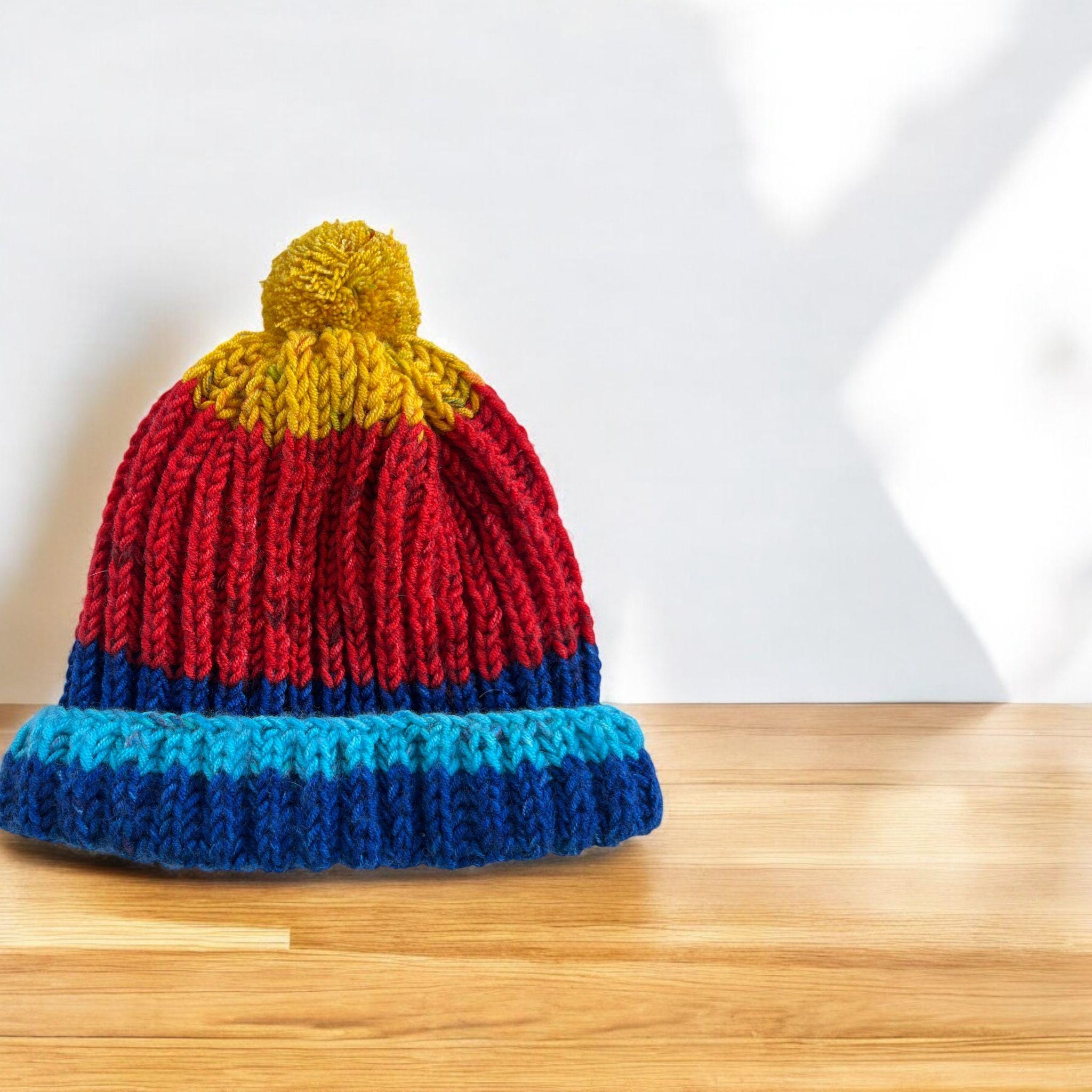 Hand Knit Colorful Beanie With Pom Pom , Red Blue Yellow Winter Hat ...