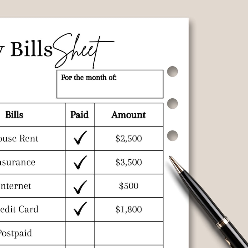 Simple Monthly Bills Sheet, Bill Tracker Printable, Bill Payment ...