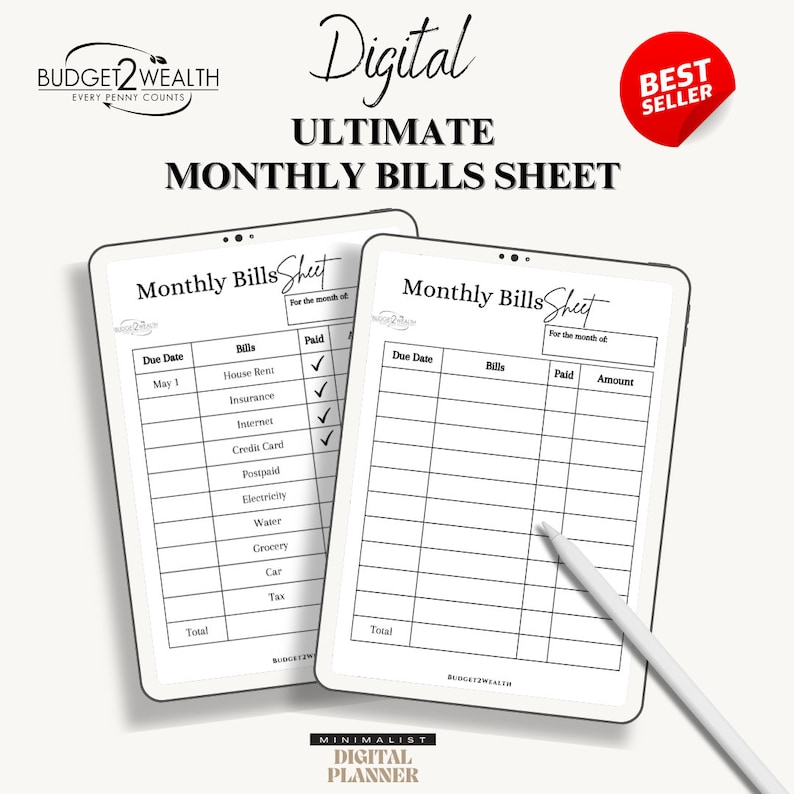 Simple Monthly Bills Sheet, Bill Tracker Printable, Bill Payment ...