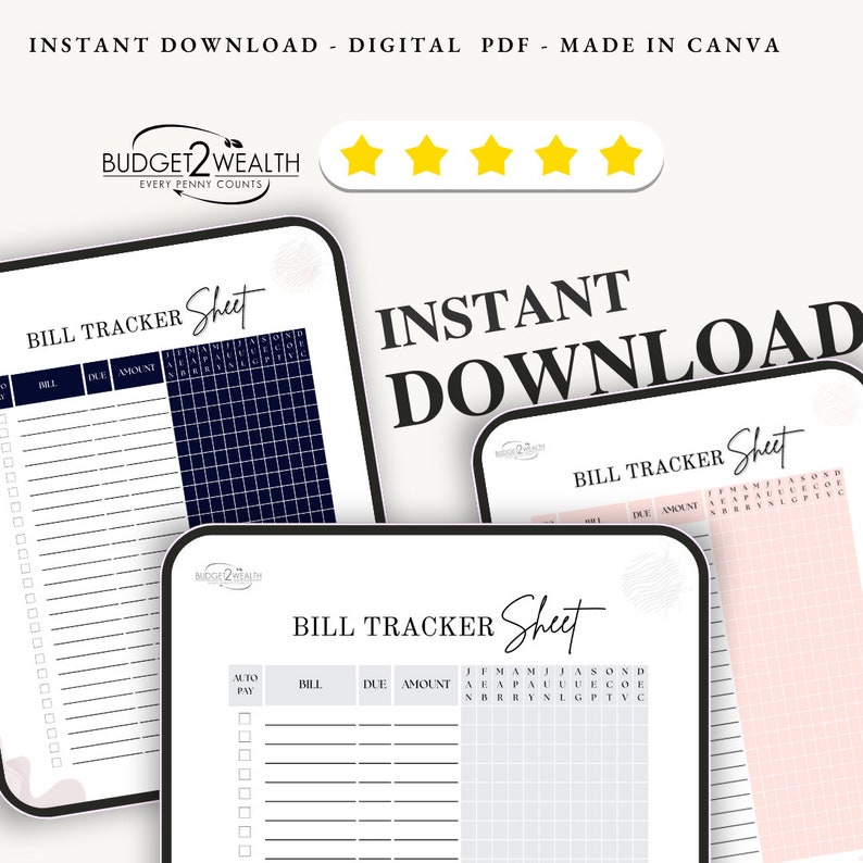 3 Versions Bill Tracker Sheet, Bill Tracker Printable, Bill Tracker ...