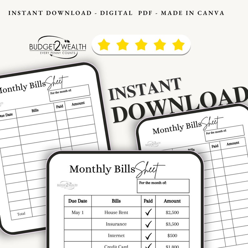 Simple Monthly Bills Sheet, Bill Tracker Printable, Bill Payment ...