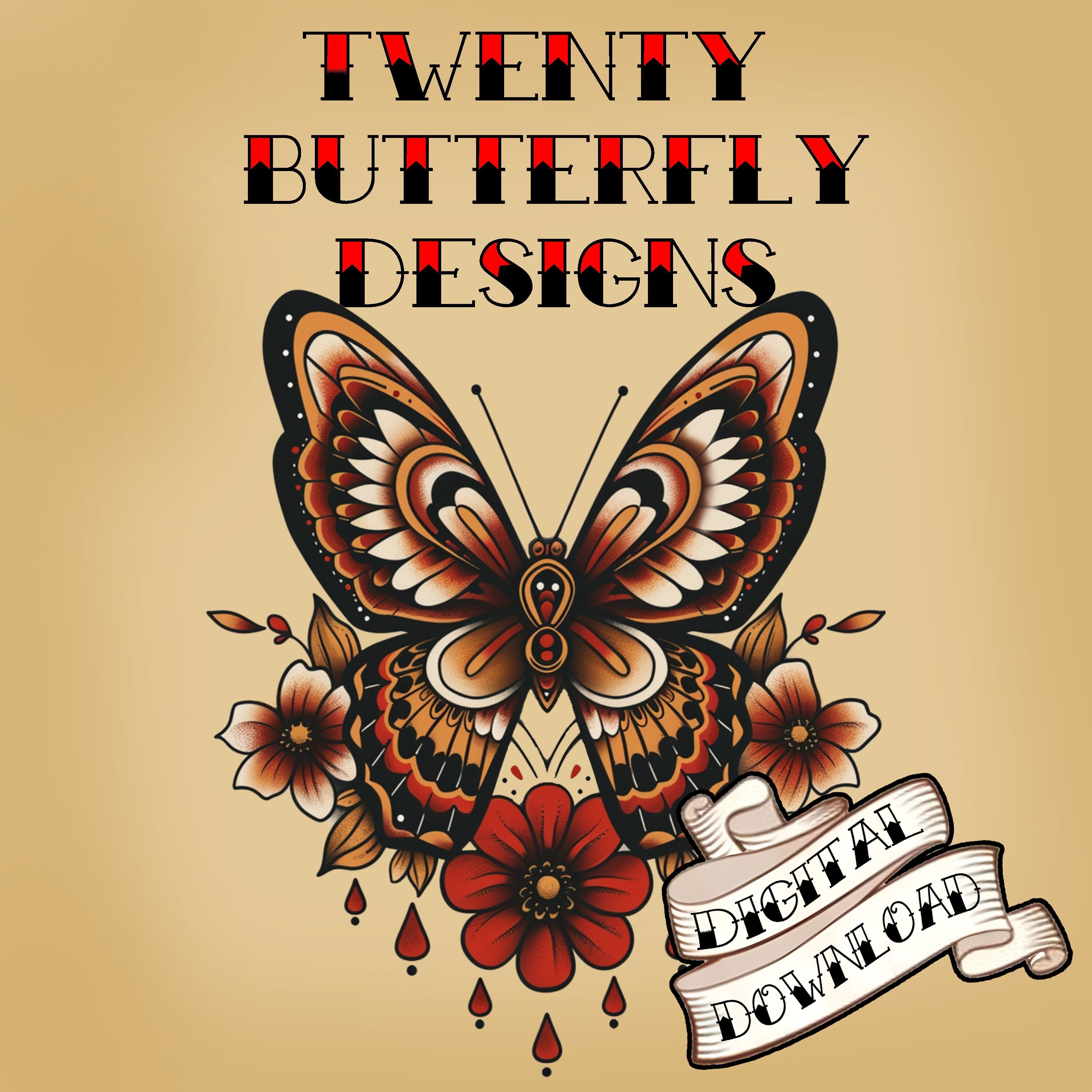 Butterfly Tattoo Design Bundle, Tattoo Flash, PNG Clip Art, Digital ...