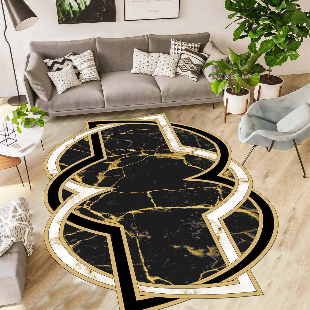 Black Pattern Rug, Gold Rug, Black Rug, Unique Rug, Modern Rug, Home ...