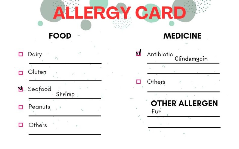 Allergy Card Printable, Allergy Information, Including Food, Medicine ...