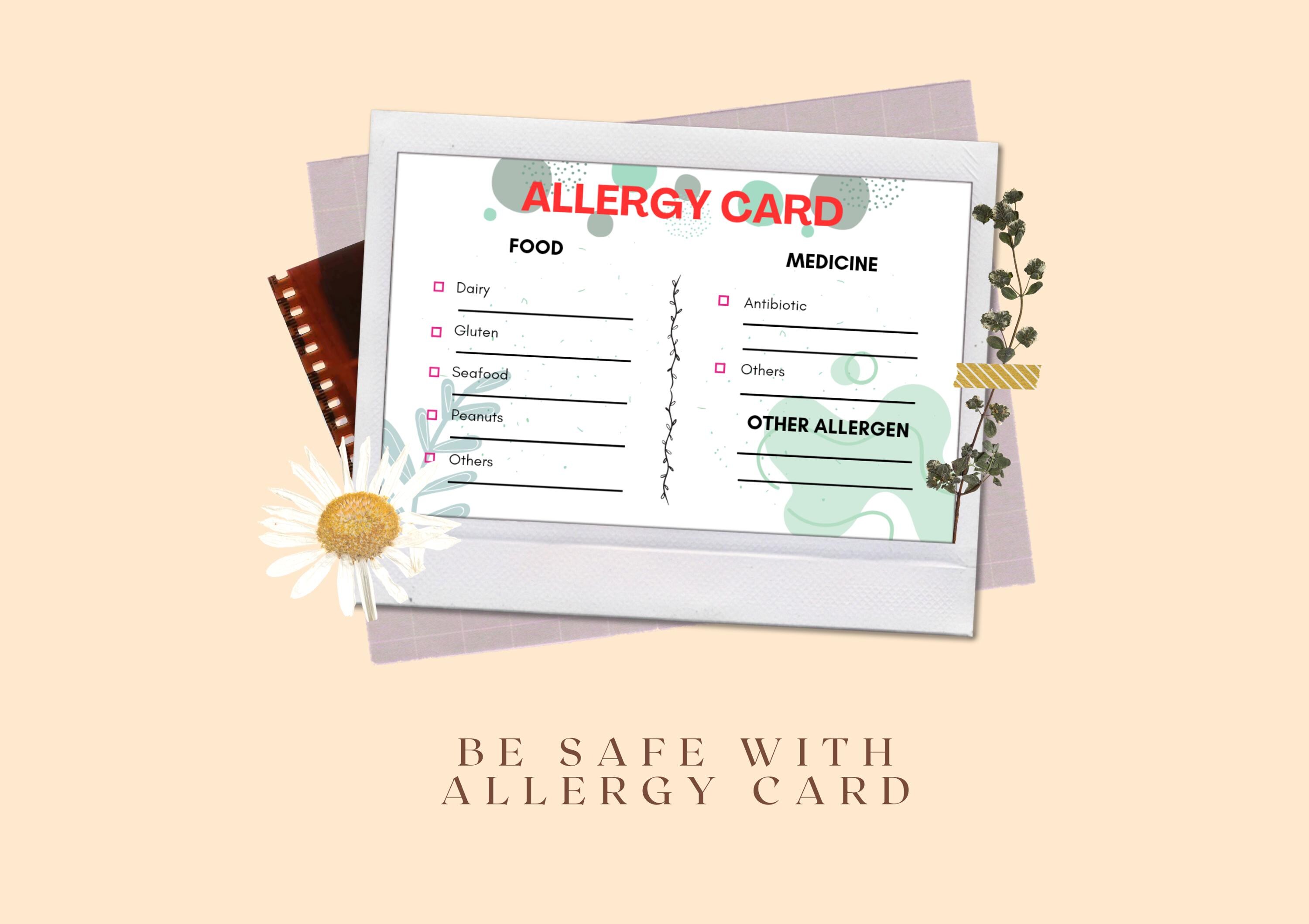 Allergy Card Printable, Allergy Information, Including Food, Medicine ...