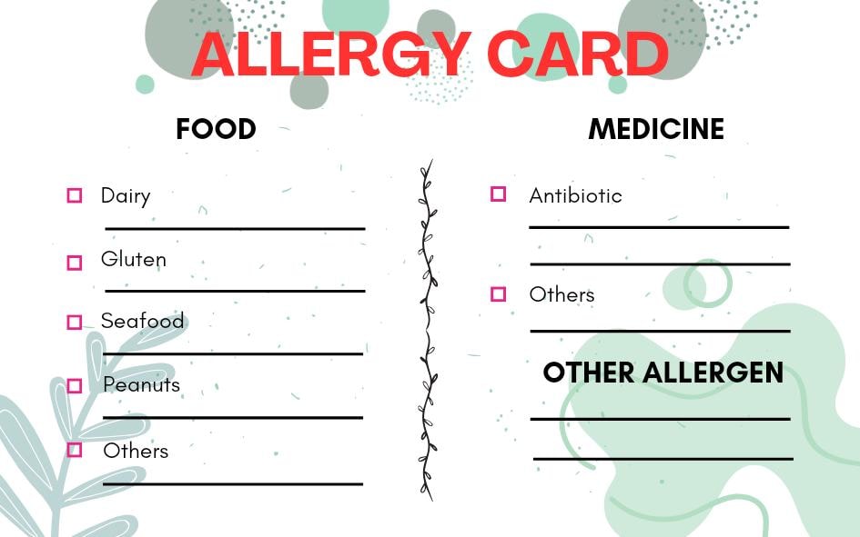 Allergy Card Printable, Allergy Information, Including Food, Medicine ...