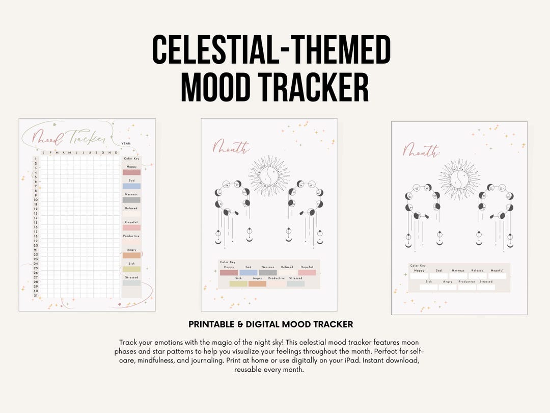 Celestial Mood Tracker Printable | Moon & Stars Themed Monthly Mood ...