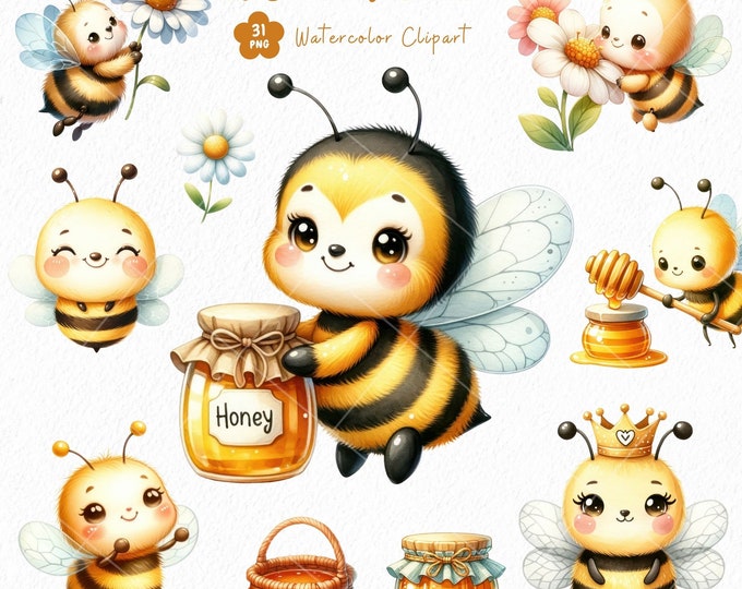 Watercolor Cute Bee Clipart, Cute Bees Png, Bees Clipart Bundle, Honey ...