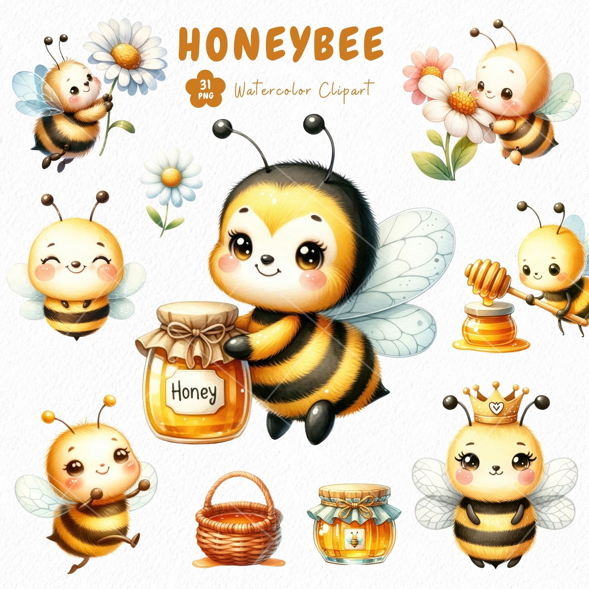 Bee Watercolor Clipart, Cute Bee Clipart, Sweet Honey Bee Clipart, Baby ...