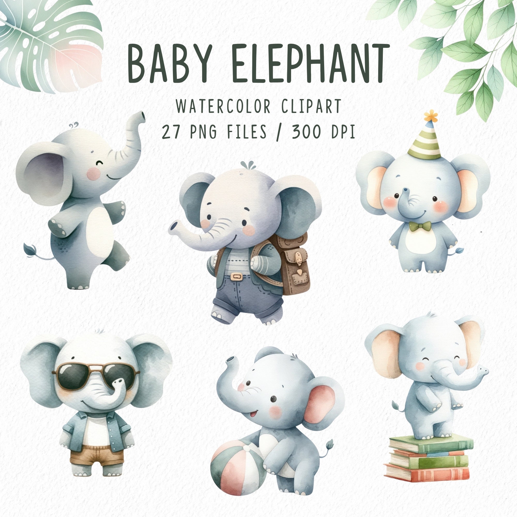 Elephant Watercolor Clipart, Baby Elephant, Cute Baby Elephant PNG ...