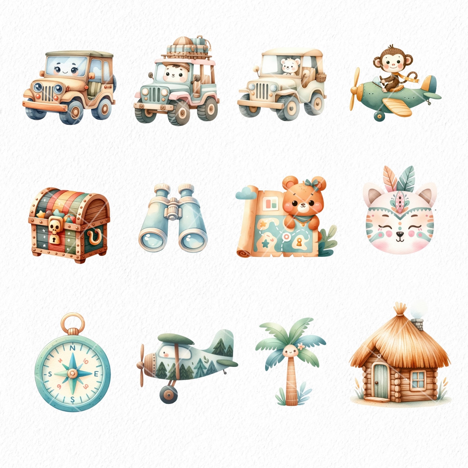 Jungle Adventure Clipart, Cute Safari Clipart Bundle, Watercolor Safari ...