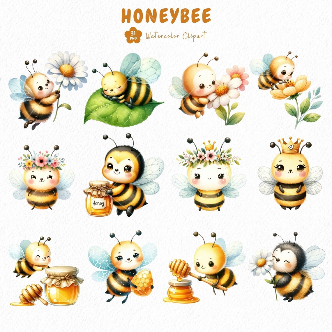 Bee Watercolor Clipart, Cute Bee Clipart, Sweet Honey Bee Clipart, Baby ...