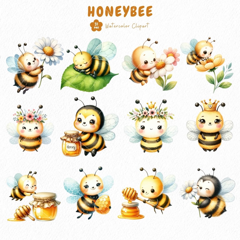 Bee Watercolor Clipart, Cute Bee Clipart, Sweet Honey Bee Clipart, Baby ...