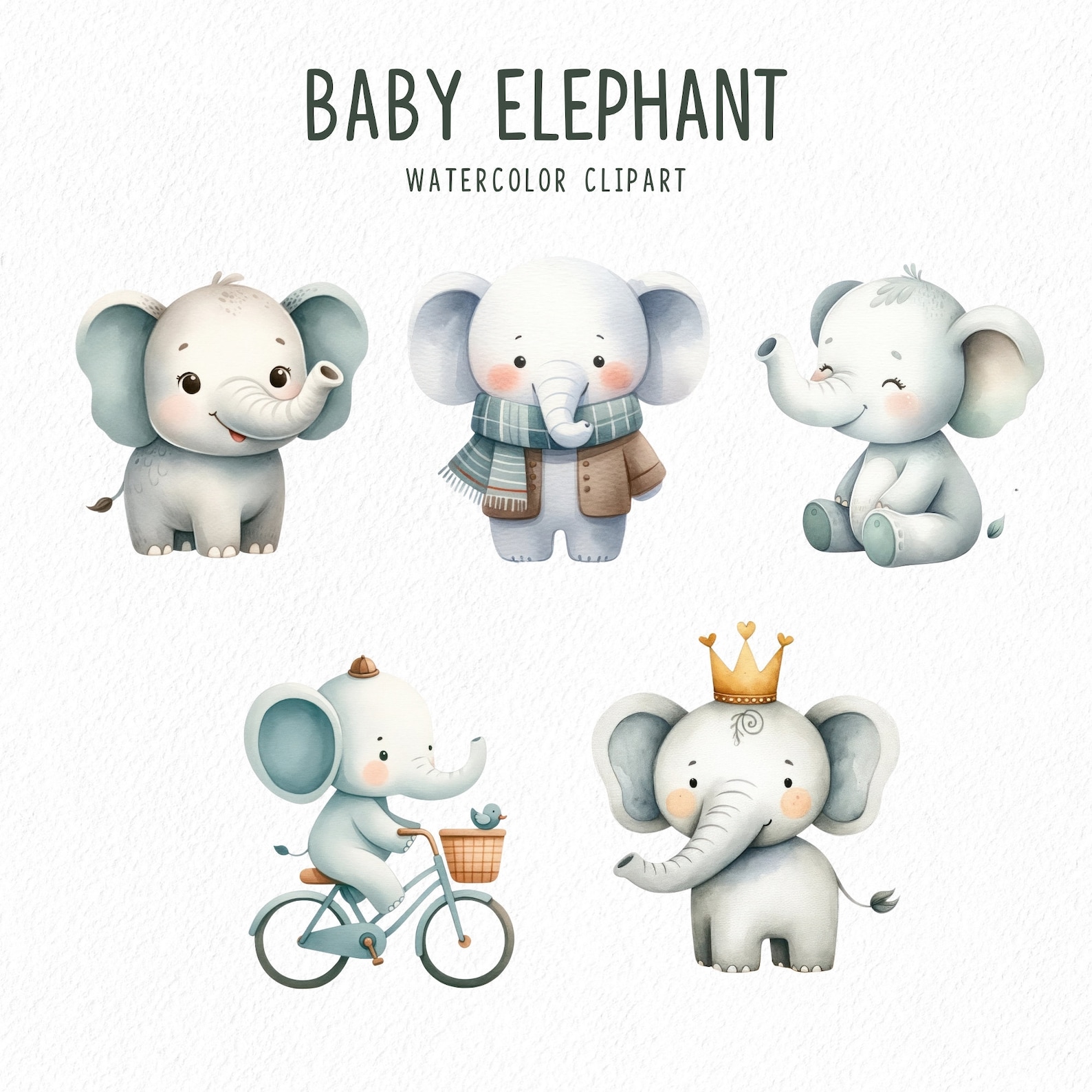 Elephant Watercolor Clipart, Baby Elephant, Cute Baby Elephant PNG ...