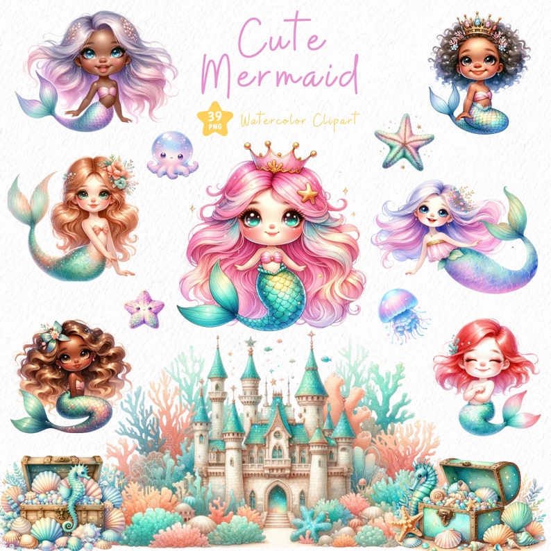 Mermaid Clipart Bundle, Watercolor Mermaid Clipart, Cute Watercolor ...