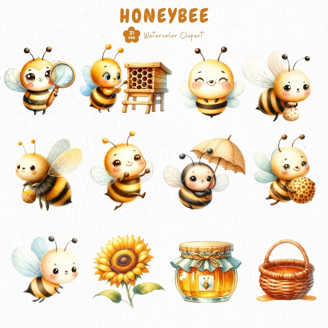 Bee Watercolor Clipart, Cute Bee Clipart, Sweet Honey Bee Clipart, Baby ...