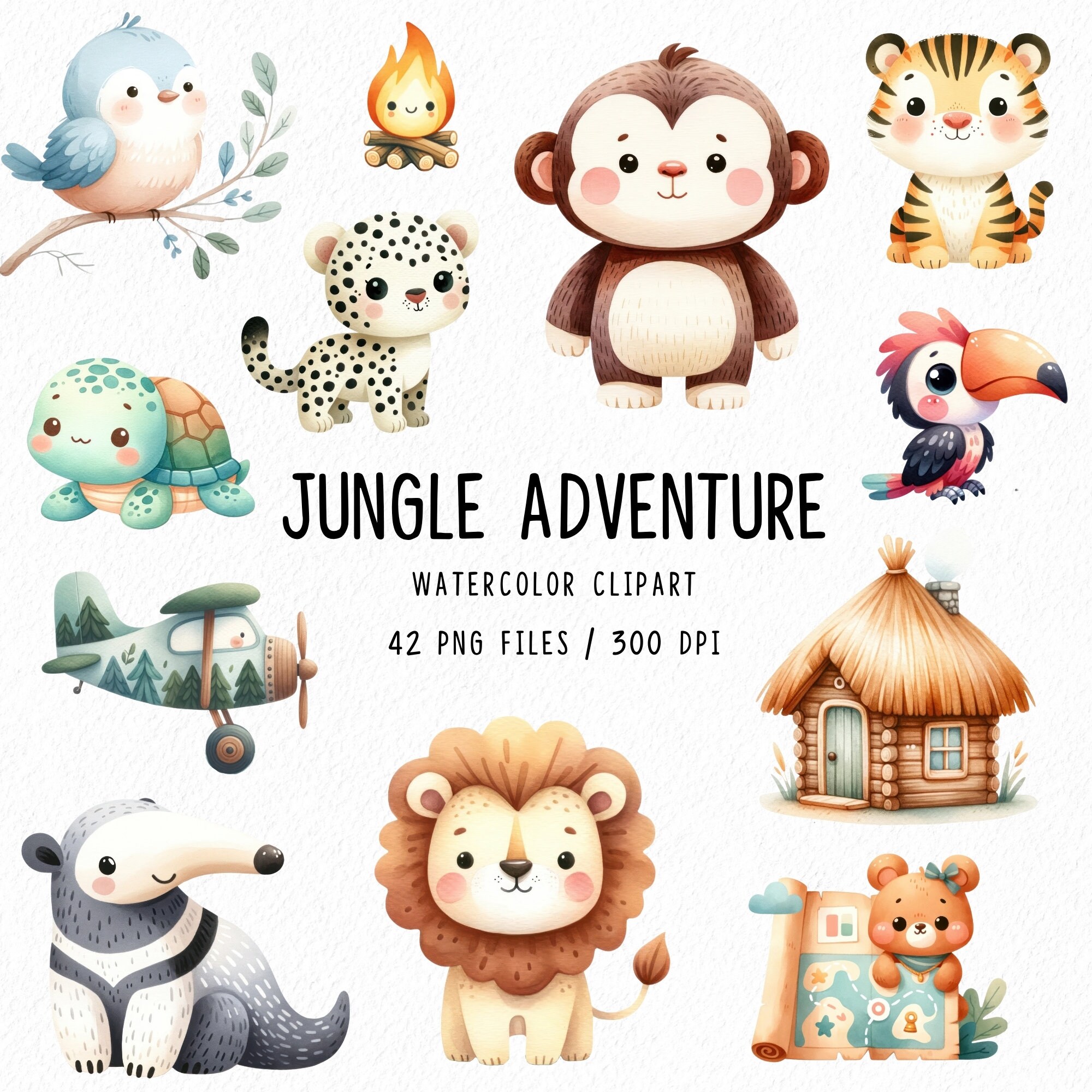 Jungle Adventure Clipart, Cute Safari Clipart Bundle, Watercolor Safari ...