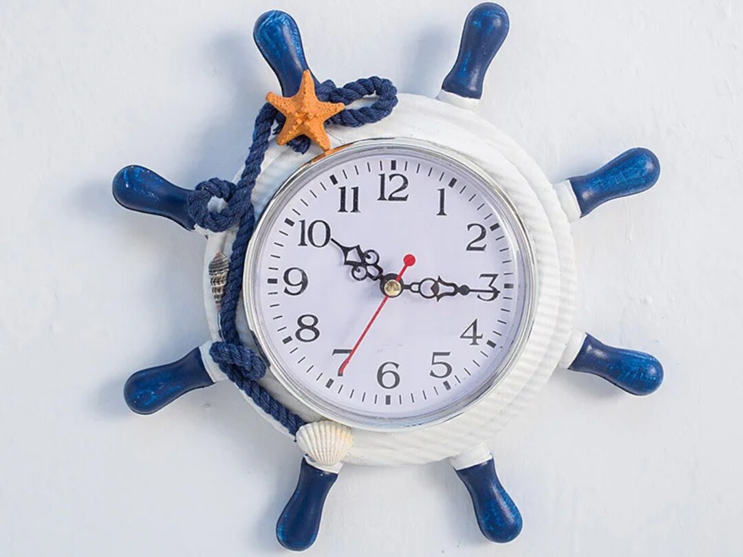 Wooden Nautical Wall Clock Mediterranean Style Silent Mechanism anchor ...