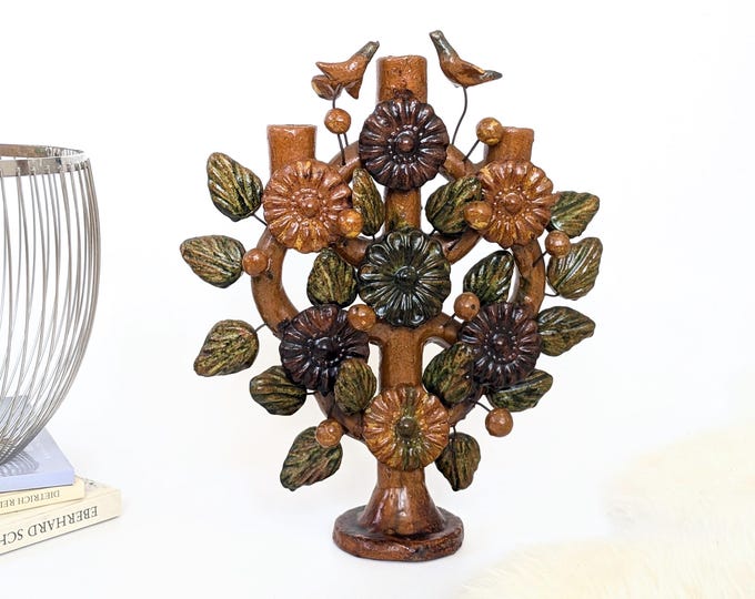 Vintage Mexican Tree of Life Candelabra | Ceramic Folk Art Candle ...