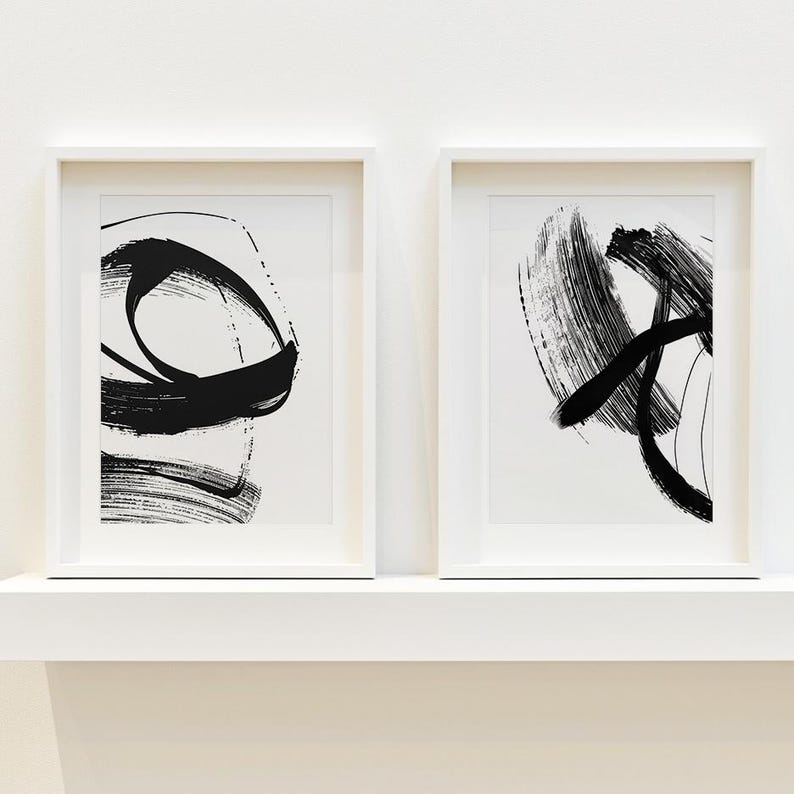 Black Brush Strokes Print Set of 2, Monochrome Abstract Posters ...