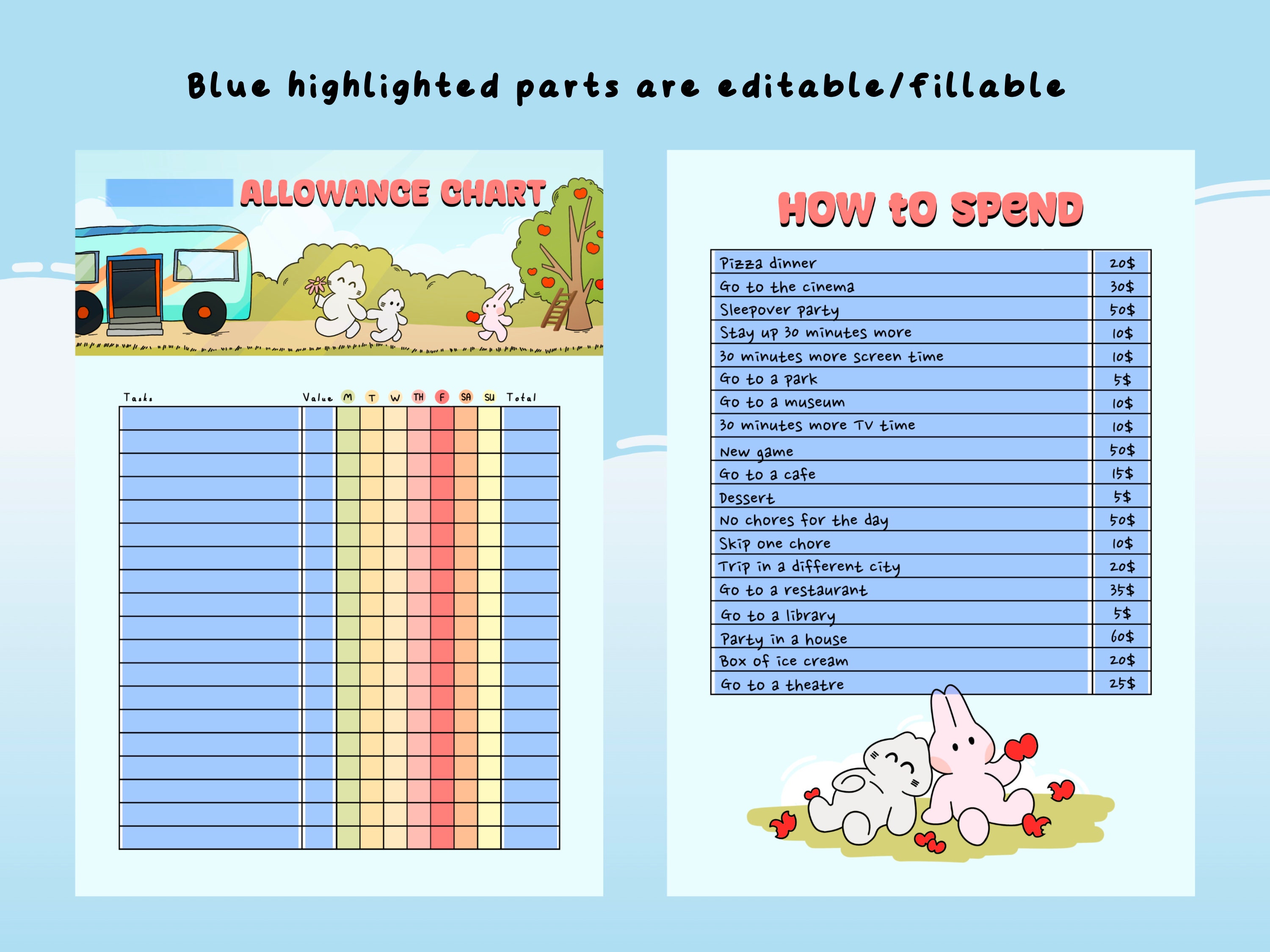 Allowance Chart for Kids Reward Money Tracker Children Tasks Tracking ...
