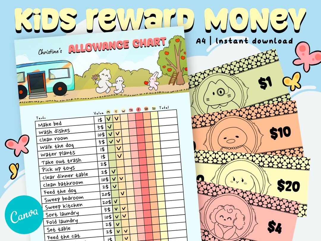 Allowance Chart for Kids Reward Money Tracker Children Tasks Tracking ...