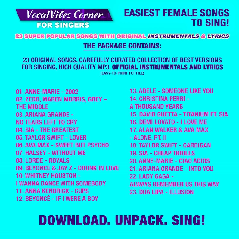 Easiest Female Songs to Sing! (INSTRUMENTAL+LYRICS) - Etsy