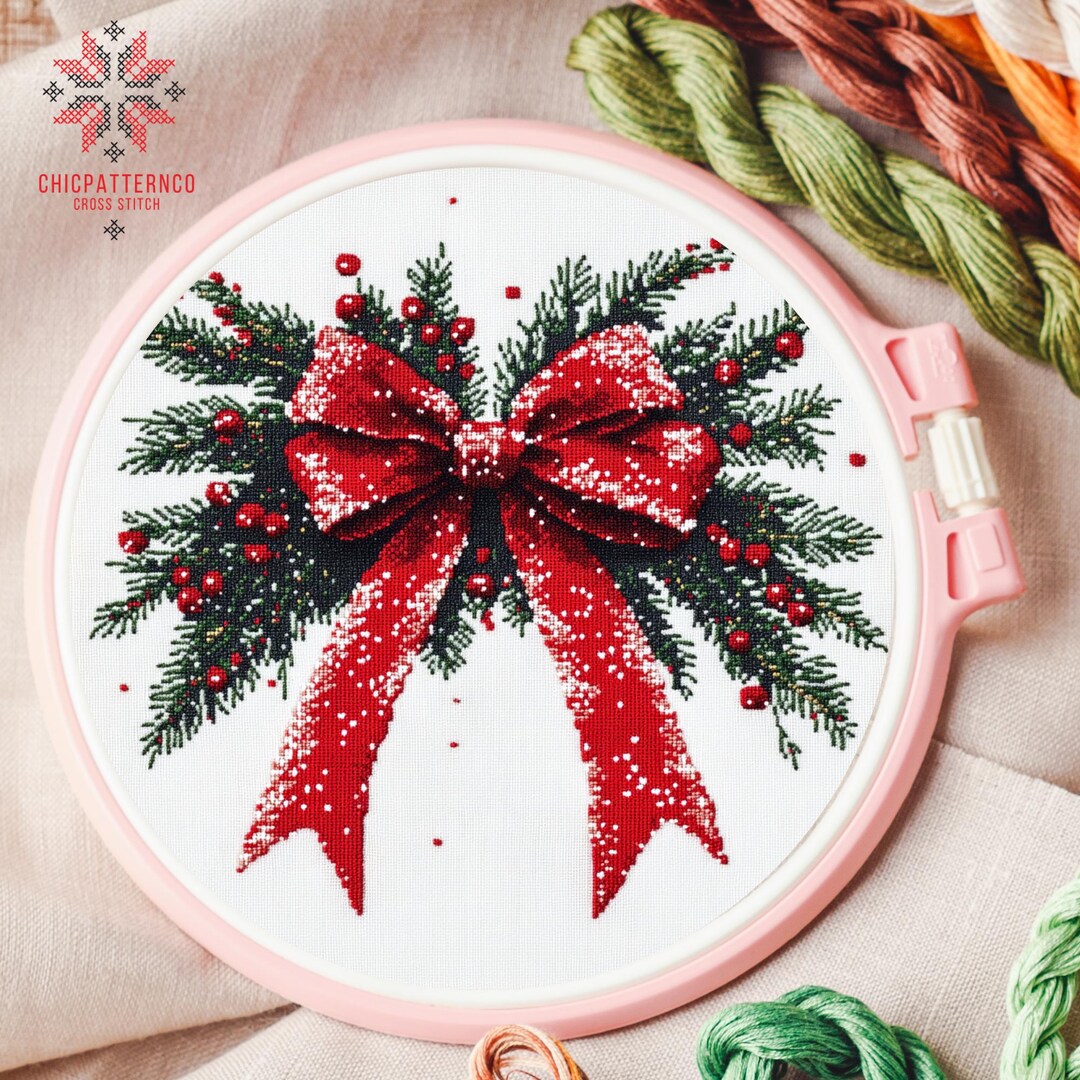 Red Bow Cross Stitch Pattern Embroidery, Landscape Cross Stitch Designs ...