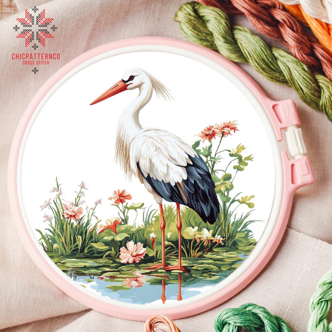Stork Cross Stitch Pattern, Landscape Cross Stitch Designs, Beginner ...