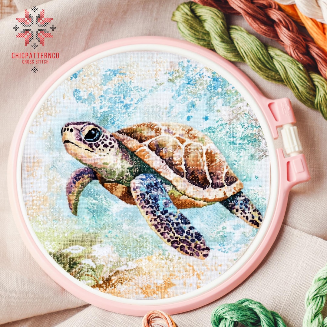Sea Turtle Cross Stitch Pattern Embroidery, Landscape Cross Stitch ...