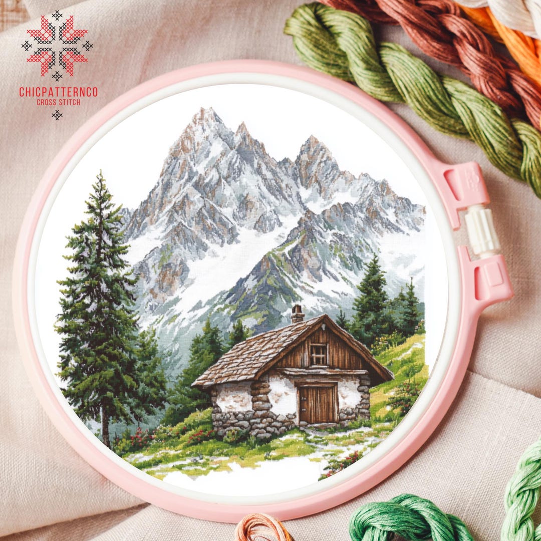 Mountain Hut Cross Stitch Pattern Embroidery, Landscape Cross Stitch ...