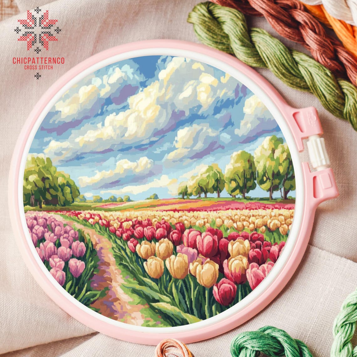 Tulip Field Stitch Pattern, Landscape Cross Stitch Designs, Cross ...