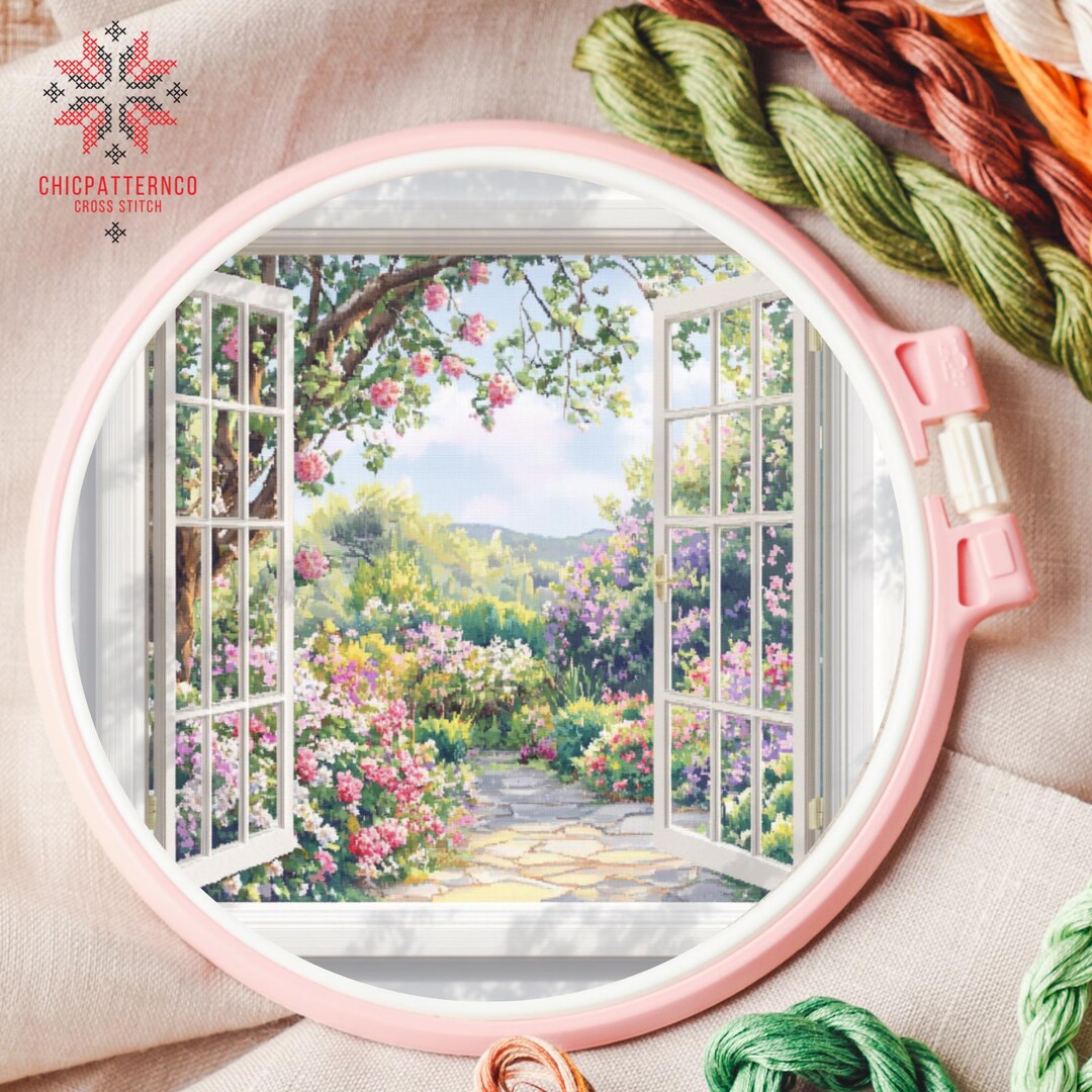 Garden Window Stitch Pattern, Landscape Cross Stitch Designs, Cross ...