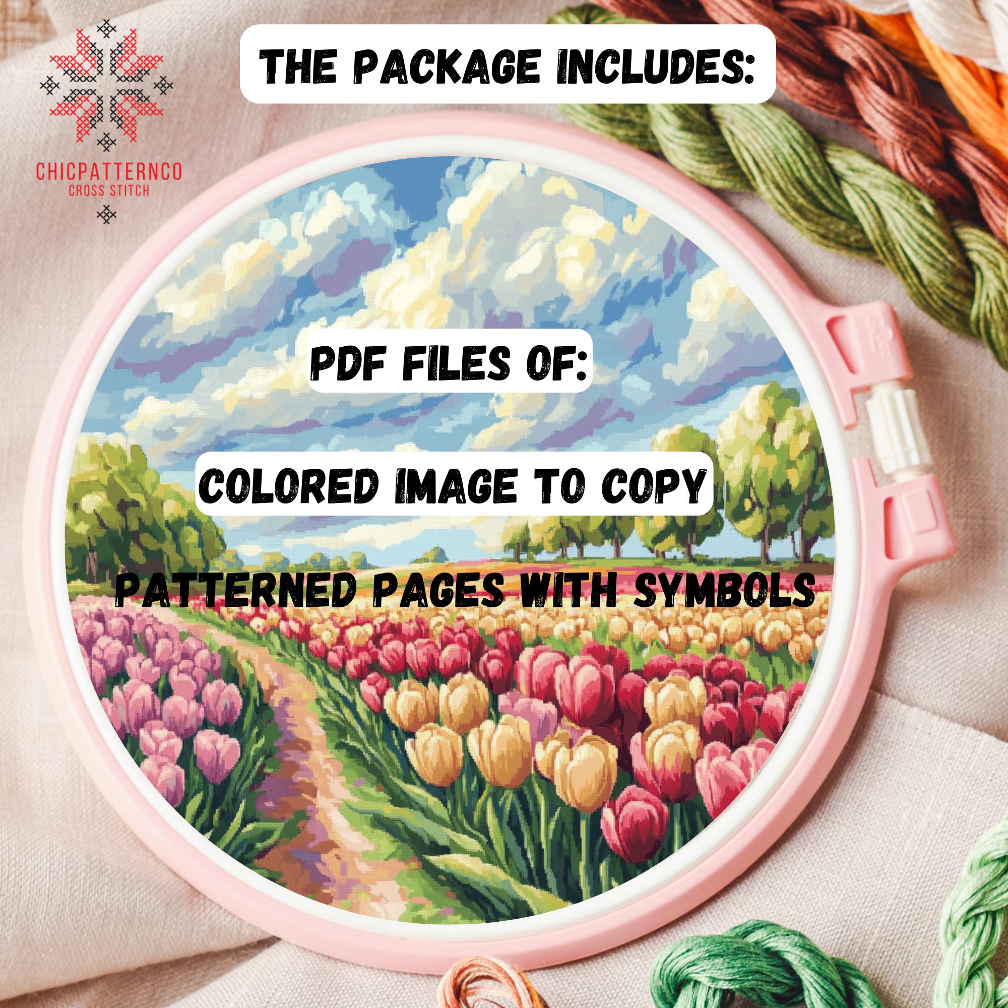 Tulip Field Stitch Pattern, Landscape Cross Stitch Designs, Cross ...