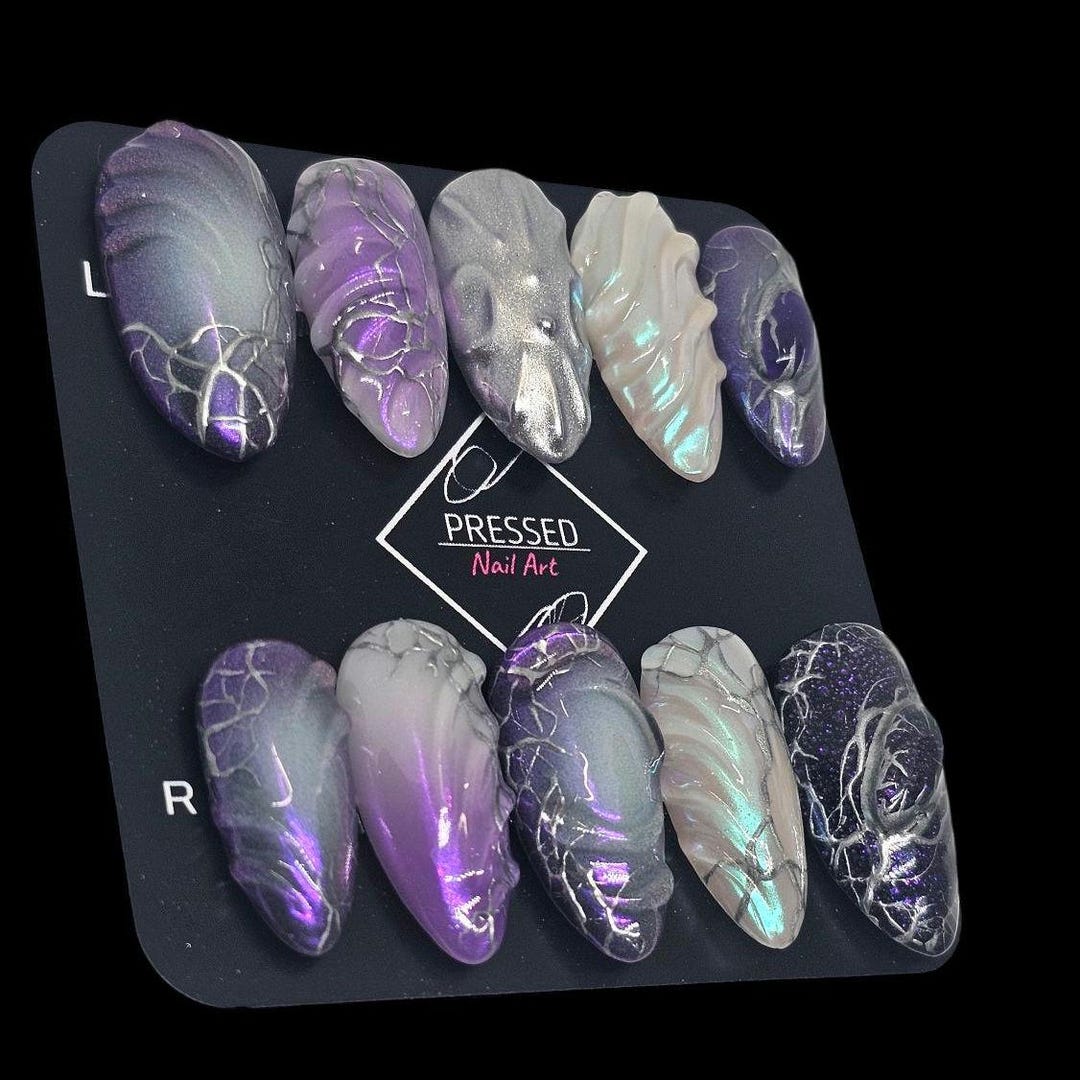 Dragon-inspired Cyberpunk Nails in Purple, Black, White, and Silver ...