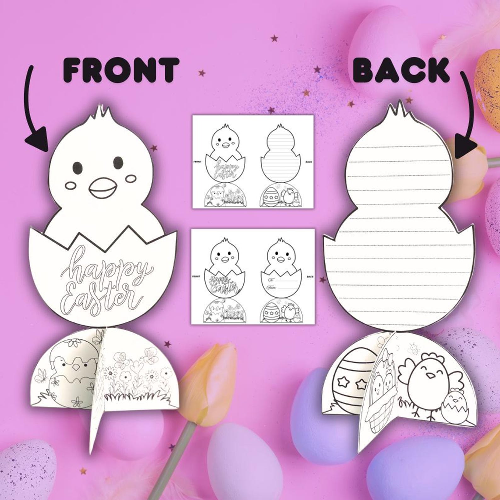 3D Easter Card Printable to Color | Kids Easter Card Craft, Bunny Chick ...