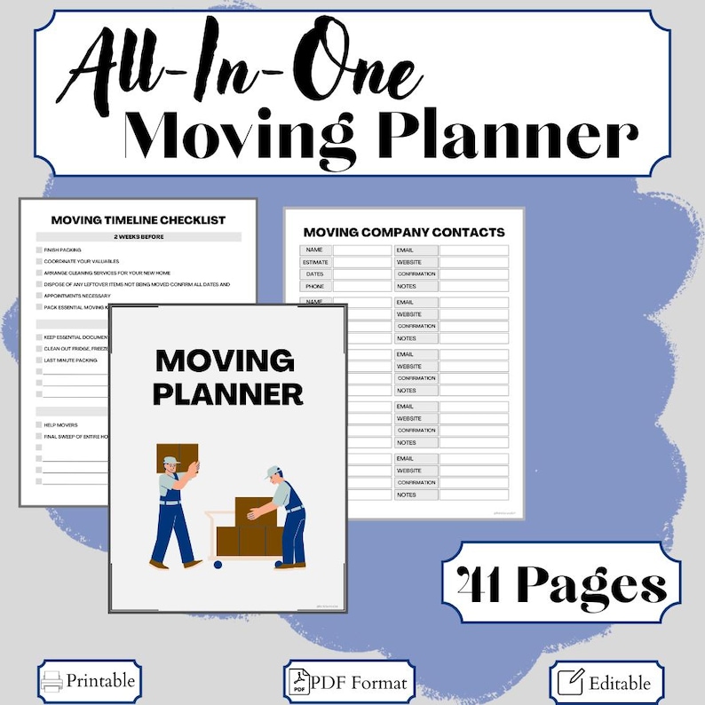 Editable Moving Planner Template and Printable PDF | Moving Checklist ...