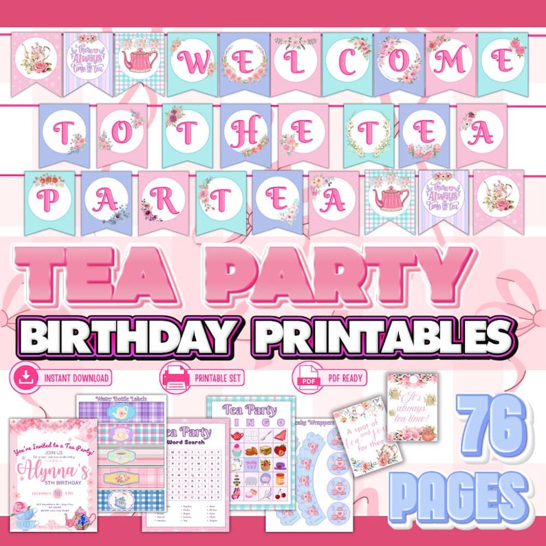 Tea Party Birthday Printables | Invitations & Decorations (canva ...