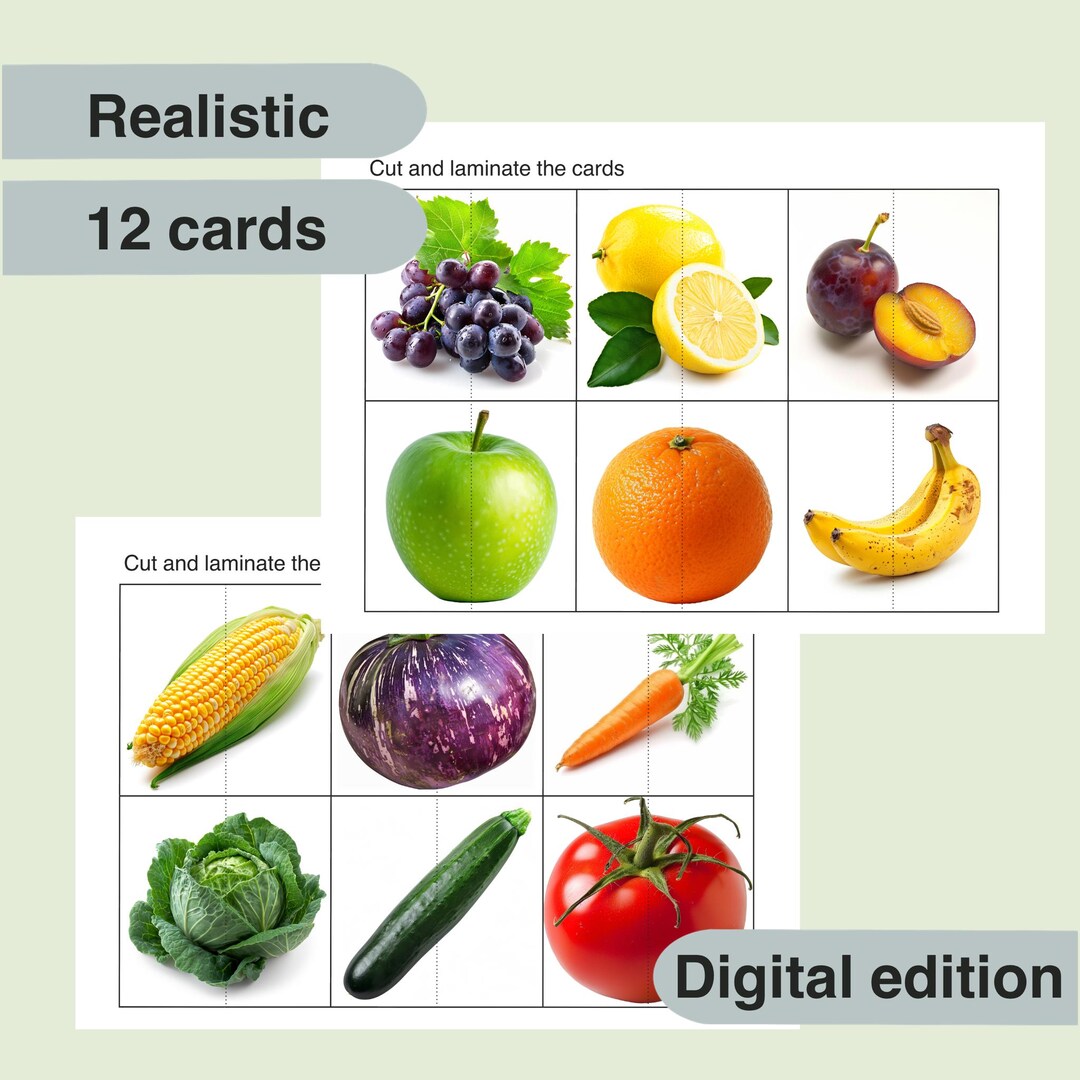 12 Veggies and Fruits Puzzle, Matching Cards, Toddler Activity, Real ...