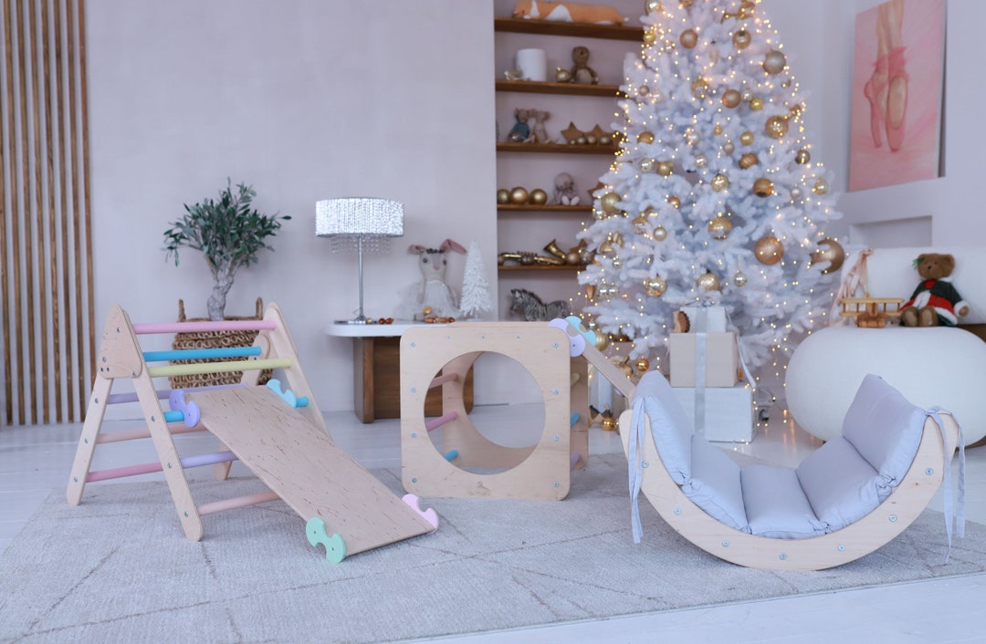 Wooden Indoor Slide, Wood Play Set, Baby Play Gym, Rocking Board ...