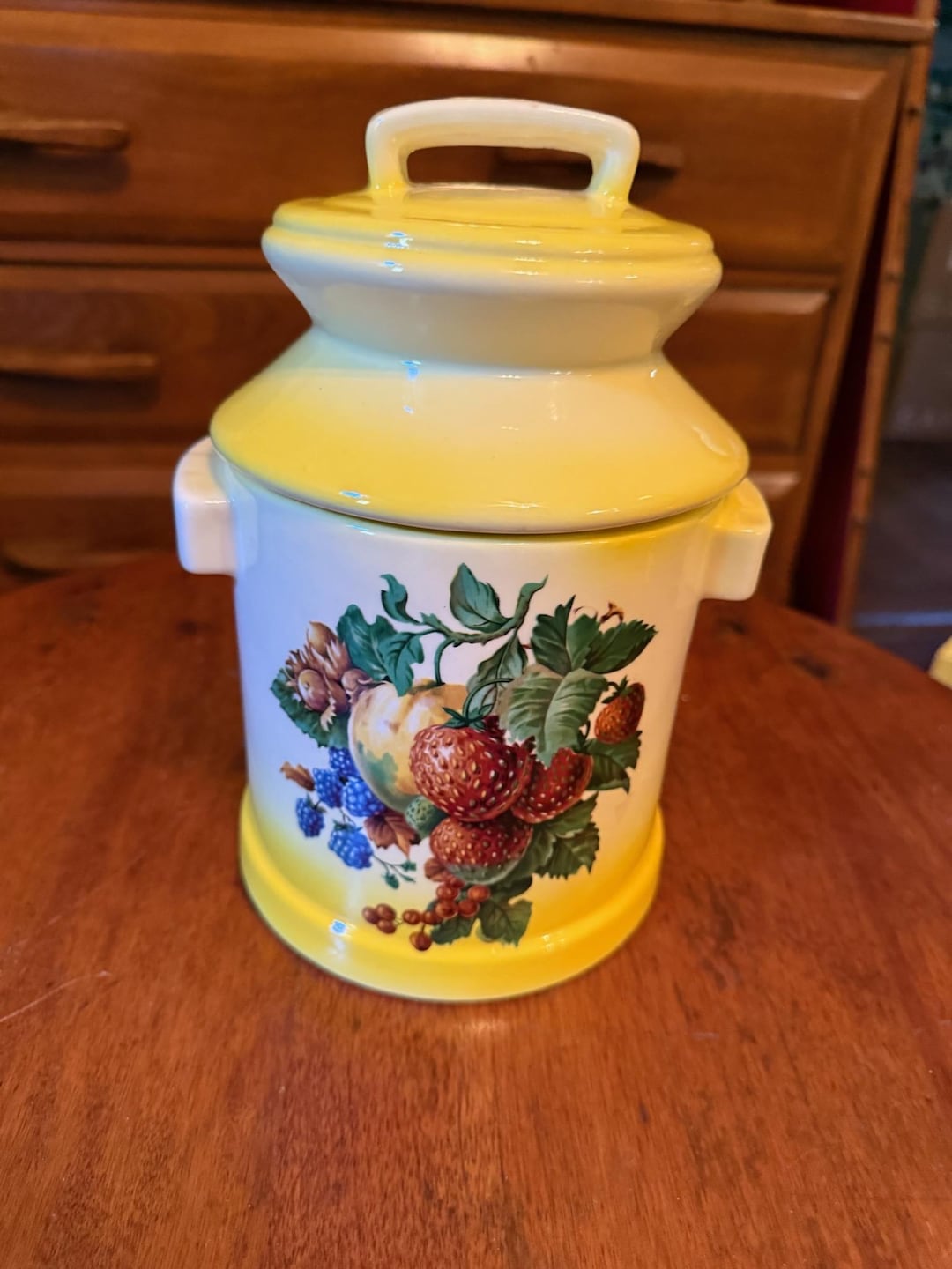 Vintage Ceramic MILK CAN CANISTER Cookie Jar Fruit Motif Atlantic Mold ...